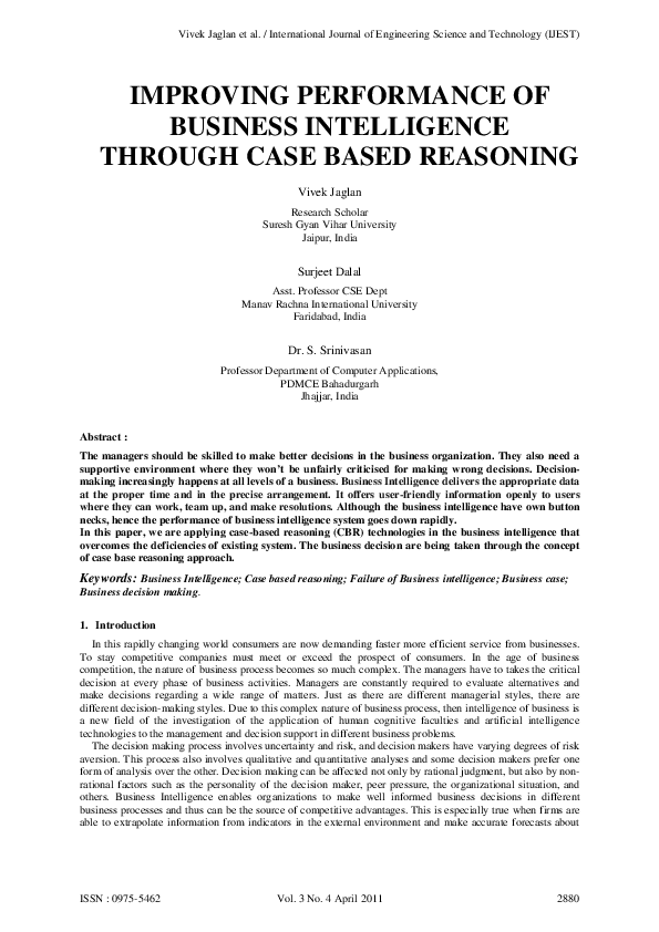 (PDF) IMPROVING PERFORMANCE OF BUSINESS INTELLIGENCE THROUGH CASE BASED REASONING