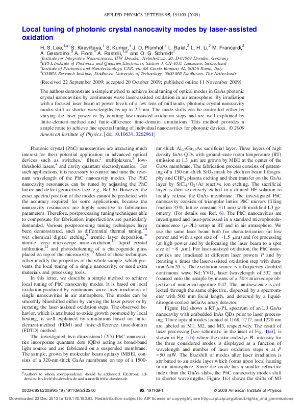 (PDF) Local tuning of photonic crystal nanocavity modes by laser ...