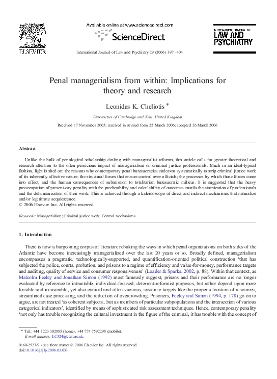 (PDF) Cheliotis, L. K. (2006) ‘Penal Managerialism from within ...