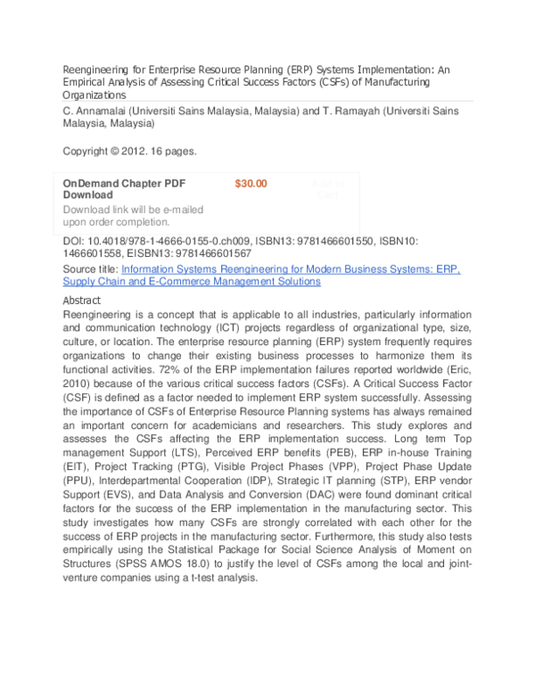 (PDF) Reengineering for Enterprise Resource Planning (ERP) Systems Implementation: An Empirical ...