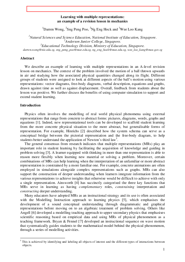 (PDF) Learning with multiple representations: An example of a revision lesson in mechanics