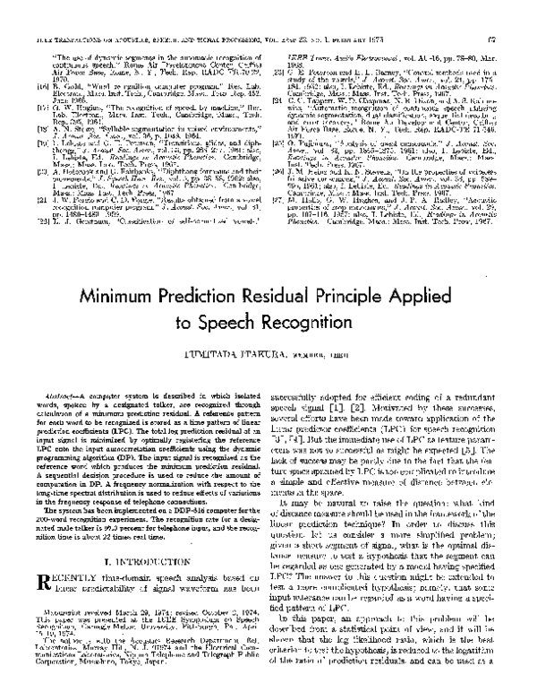 (PDF) Minimum prediction residual principle applied to speech recognition