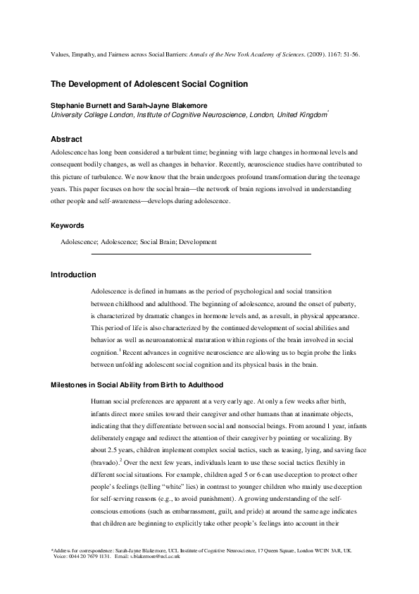 (PDF) The development of adolescent social cognition