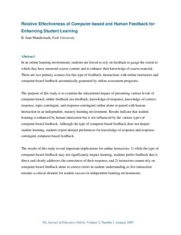 (PDF) Relative effectiveness of computer-based and human feedback for ...