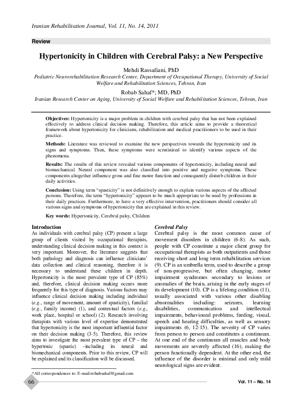 (PDF) Hypertonicity in Children with Cerebral Palsy: a New Perspective