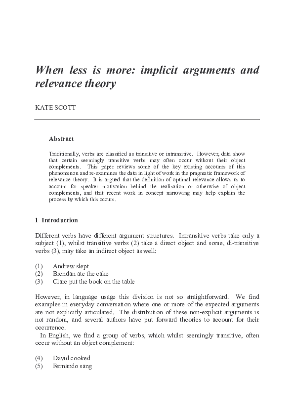 (PDF) When less is more: Implicit arguments and Relevance Theory