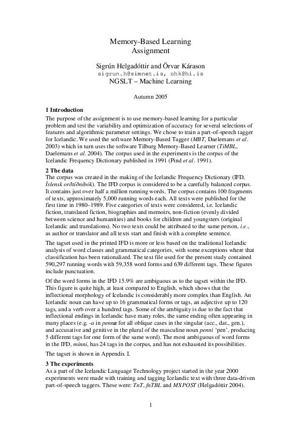 (PDF) Memory-Based Learning Assignment