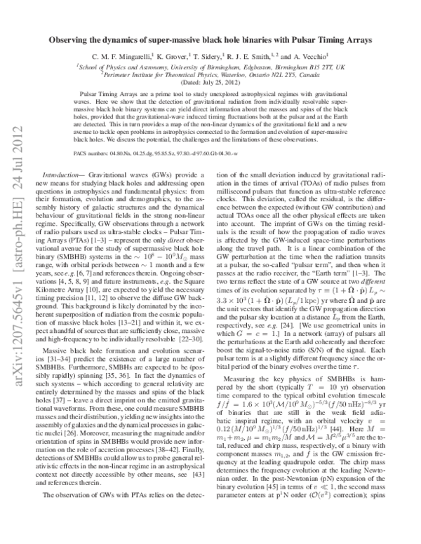 Pdf Observing The Dynamics Of Super Massive Black Hole Binaries With Pulsar Timing Arrays