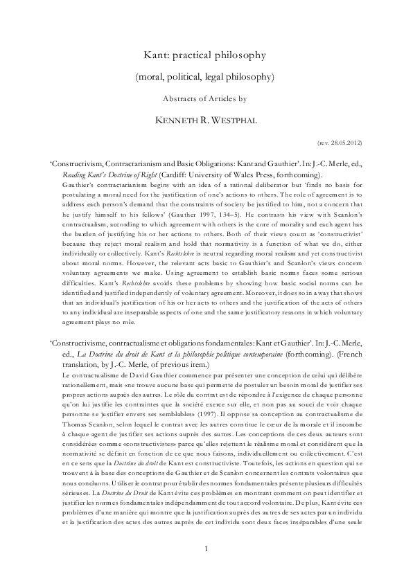 (PDF) K R Westphal - Abstracts, Kant: Practical Philosophy