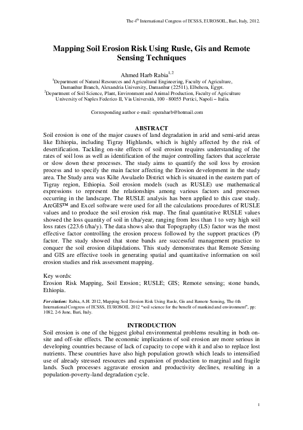 (PDF) Mapping Soil Erosion Risk Using Rusle, Gis and Remote Sensing Techniques