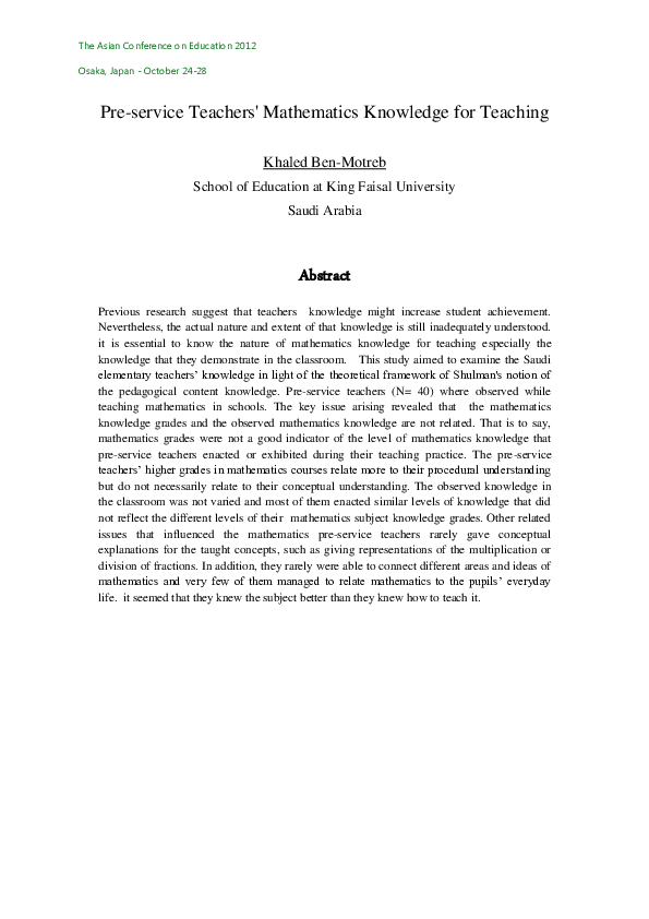 (DOC) Pre-service Teachers' Mathematics Knowledge for Teaching