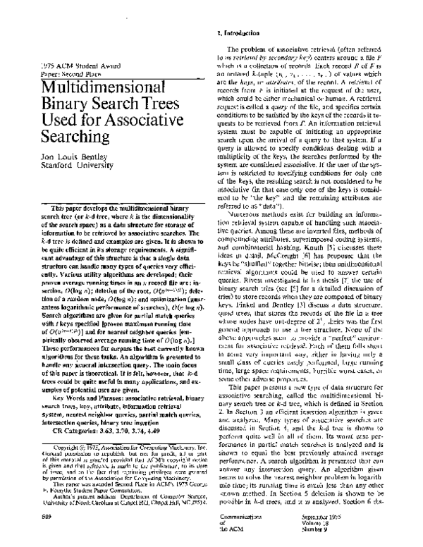 Pdf Multidimensional Binary Search Trees Used For Associative Searching