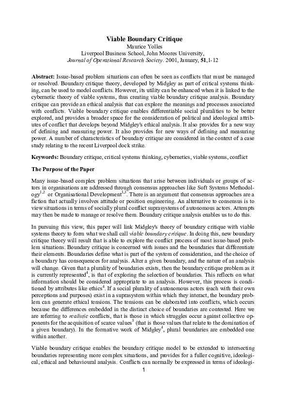 (PDF) Viable Boundary Critique | Maurice Yolles - Academia.edu