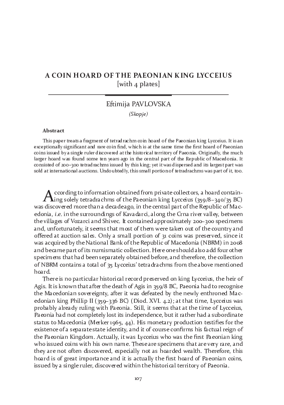 (PDF) A Coin Hoard of the Paeonian King Lycceius