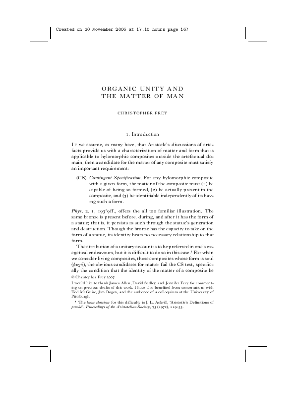 (PDF) organic unity and the matter of man