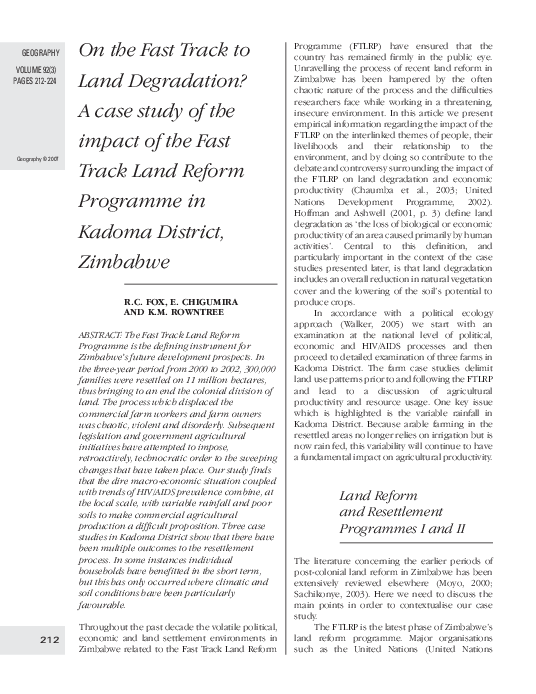 (PDF) An appraisal of the impact of the Fast Track Land Reform ...