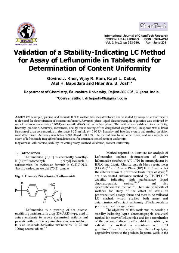 (PDF) Validation of a Stability-Indicating LC Method for Assay of Leflunomide in Tablets and for ...
