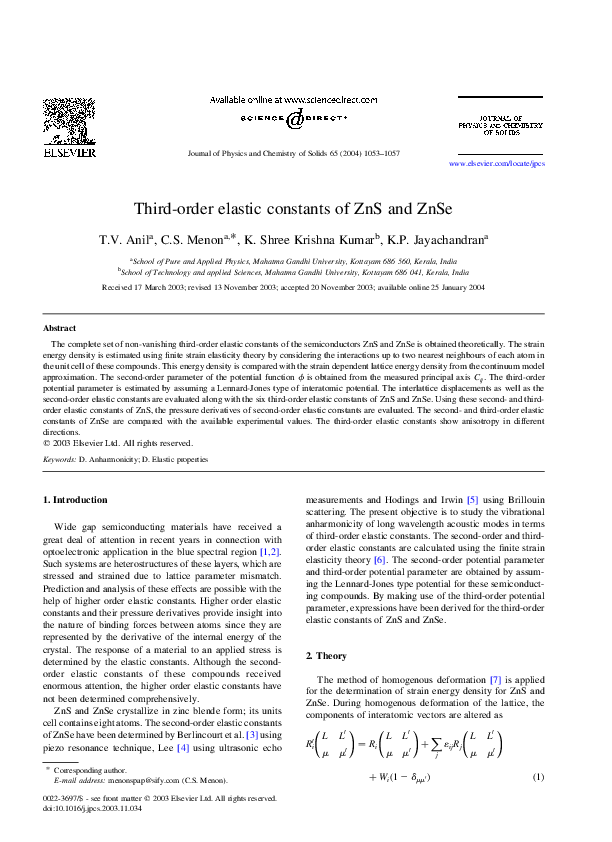 Pdf Third Order Elastic Constants Of Zns And Znse