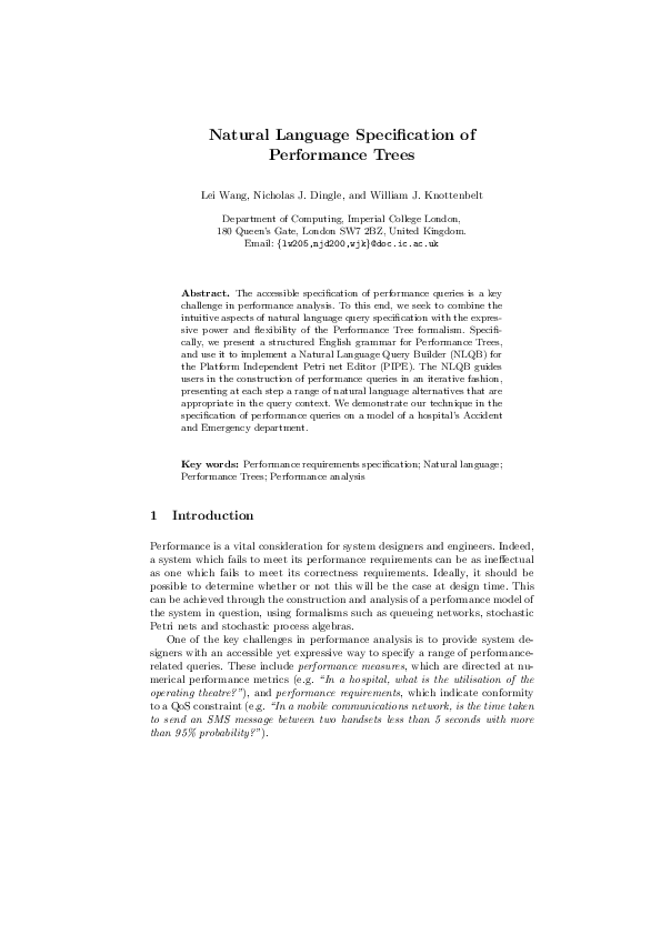 (PDF) Natural language specification of Performance Trees