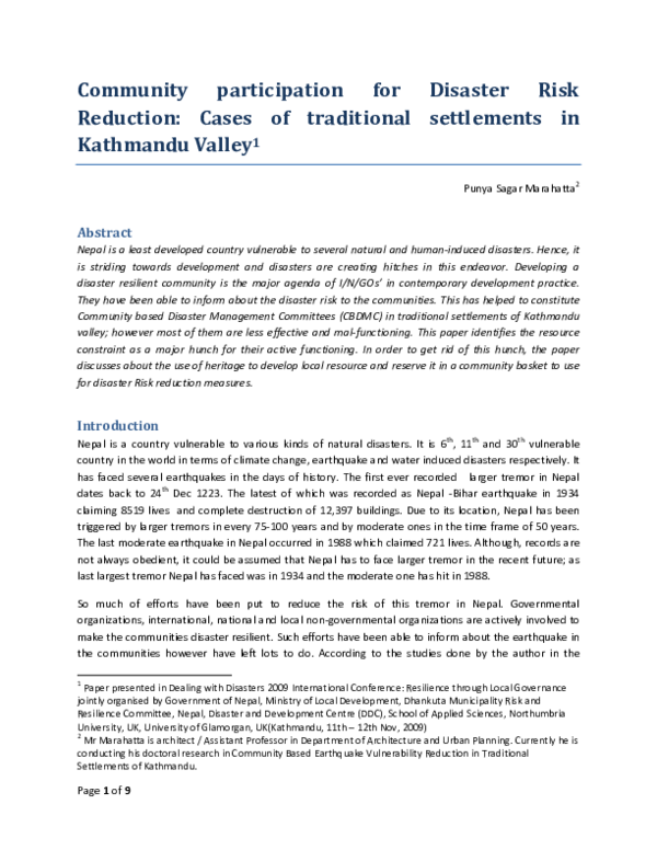 (PDF) Community Participation for Disaster Risk Reduction: Cases of ...