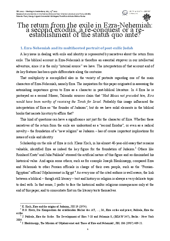 (PDF) The return from the exile in Ezra-Nehemiah: a second exodus, a re ...