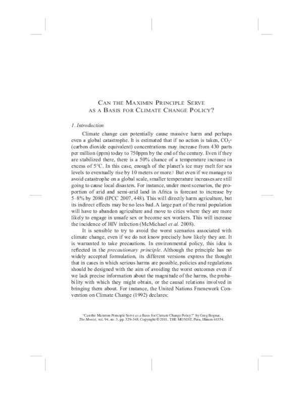 (PDF) Can the Maximin Principle Serve as a Basis for Climate Change Policy?