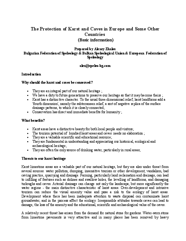 (DOC) Legislation for Karst and cave protection in Europe and other ...