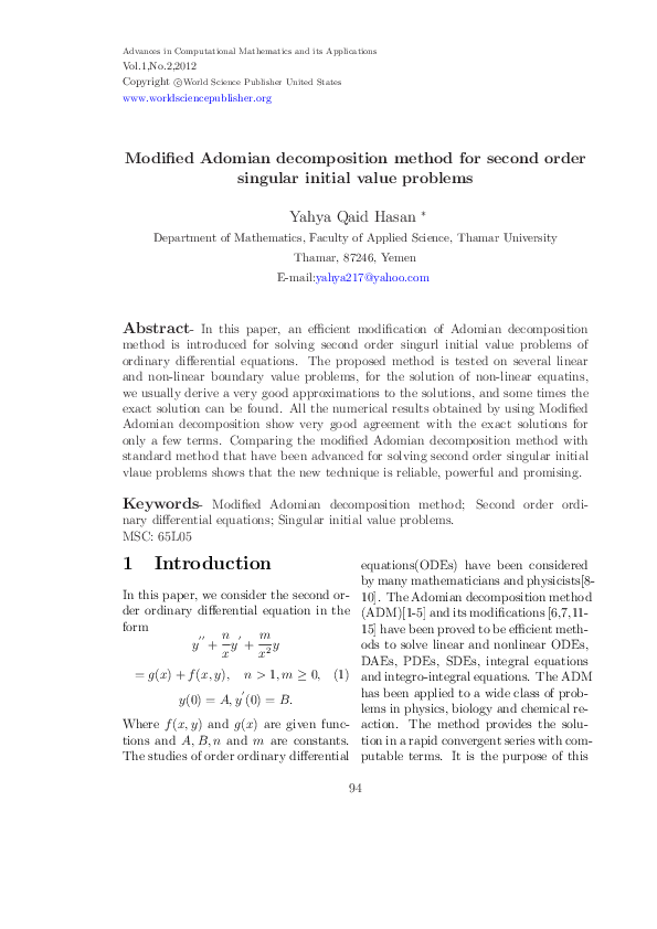 Pdf Modified Adomian Decomposition Method For Second Order Singular
