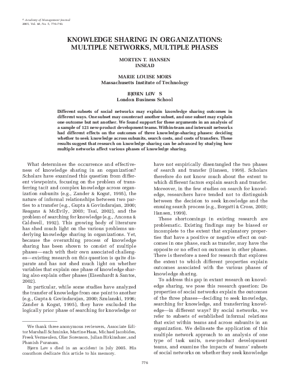 (PDF) Knowledge sharing in organizations: Multiple networks, multiple ...