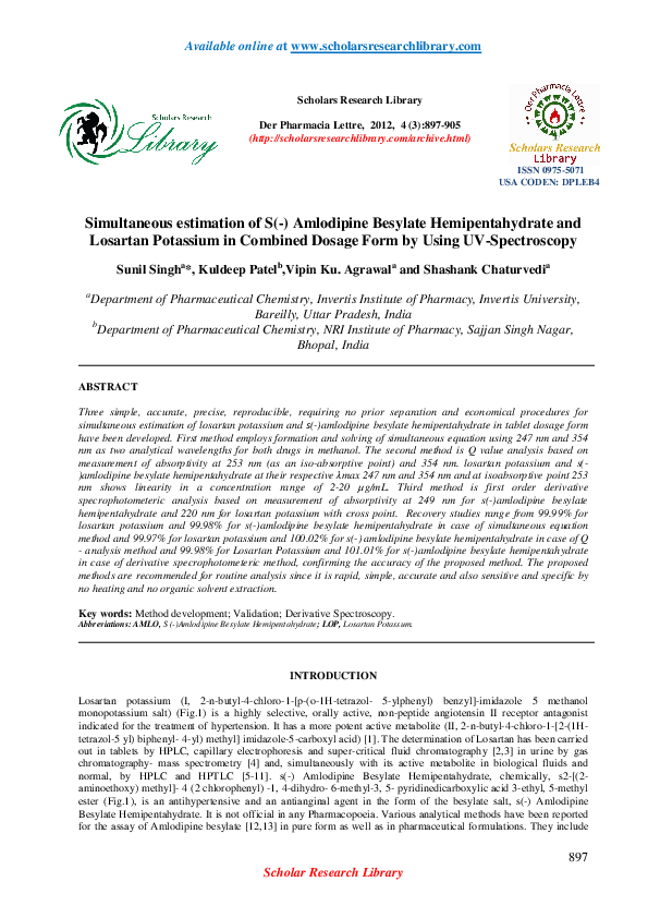 Pdf Simultaneous Estimation Of S Amlodipine Besylate Hemipentahydrate And Losartan