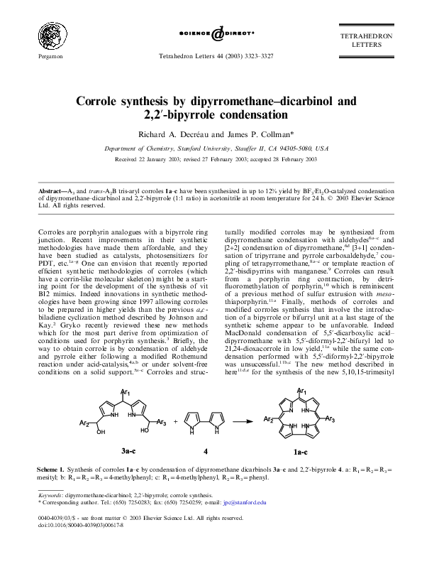 (PDF) Corrole synthesis by dipyrromethane-dicarbinol and 2, 2 ...