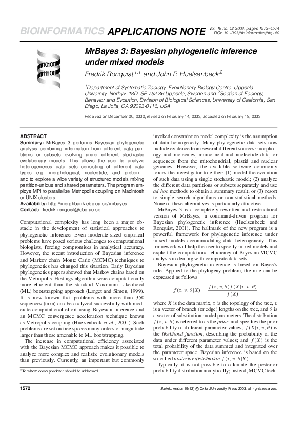 (PDF) MrBayes 3: Bayesian phylogenetic inference under mixed models