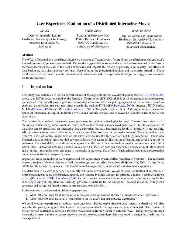 (PDF) User experience evaluation of a distributed interactive movie