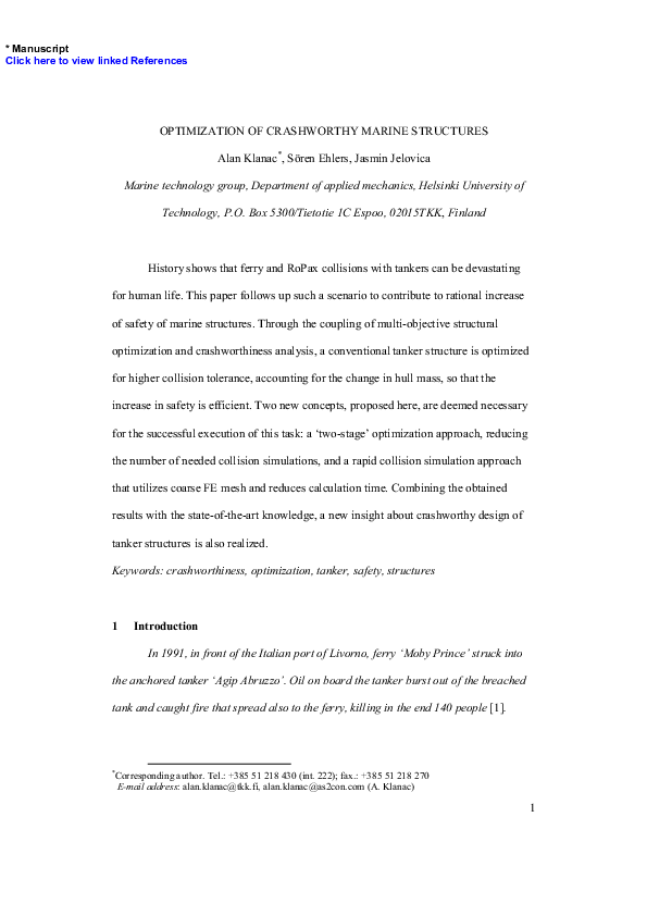 (PDF) Optimization of crashworthy marine structures