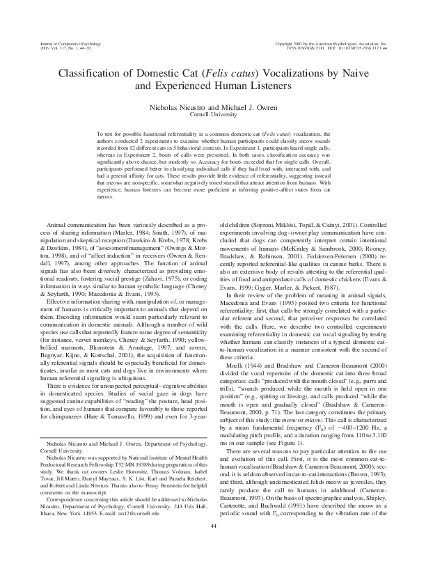 (PDF) Classification of Domestic Cat (Felis catus) Vocalizations by ...