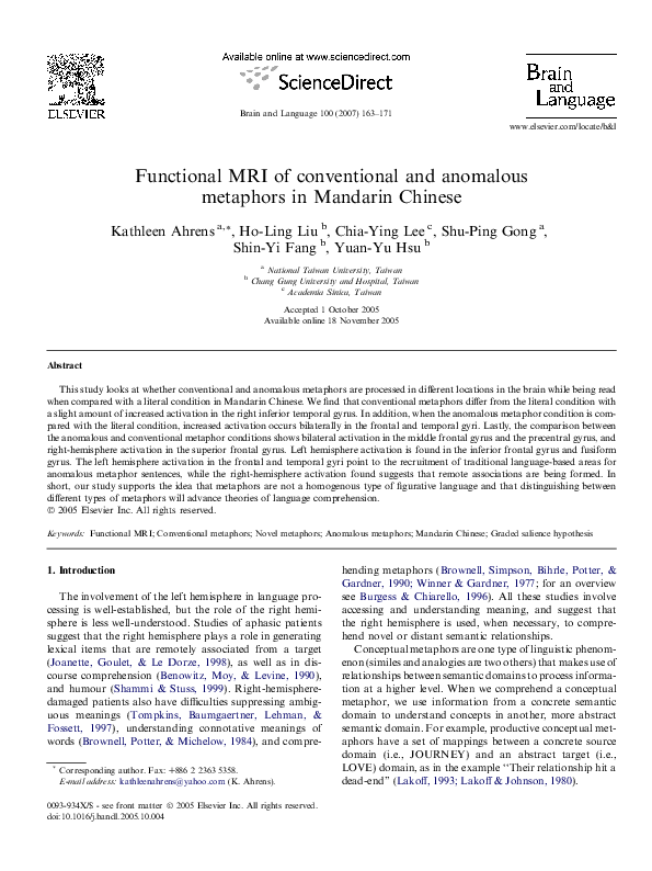 (PDF) Functional MRI of Conventional and Anomalous Metaphors in ...