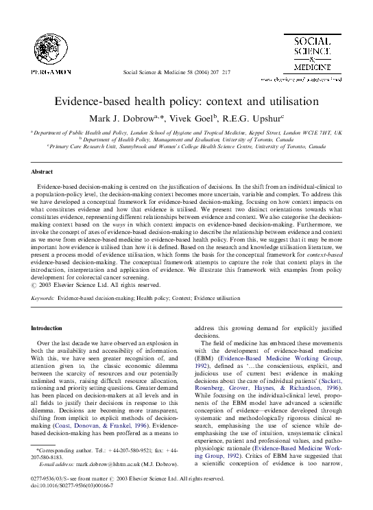 (PDF) Evidence-based health policy: context and utilisation