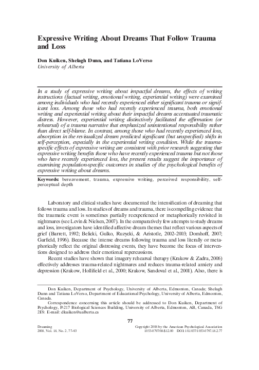 (PDF) Expressive writing about dreams that follow trauma and loss