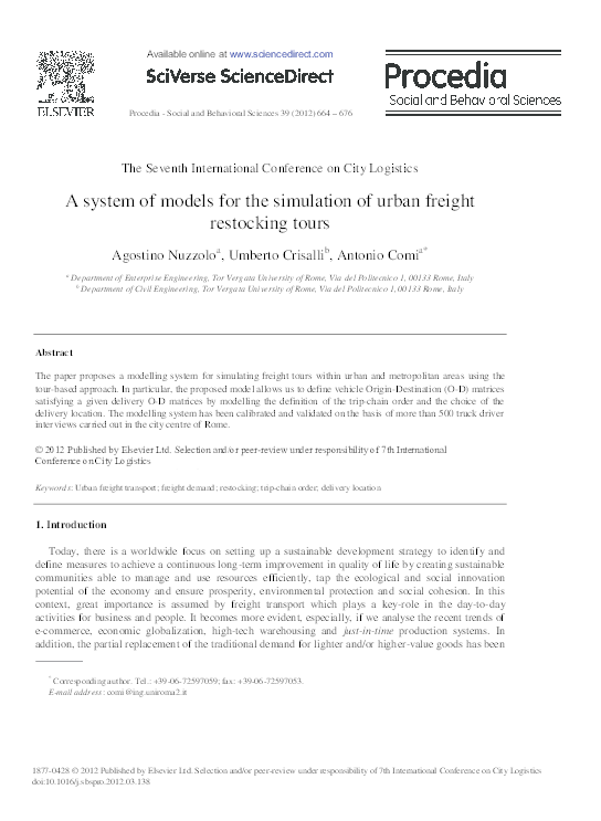 Pdf A System Of Models For The Simulation Of Urban Freight Restocking