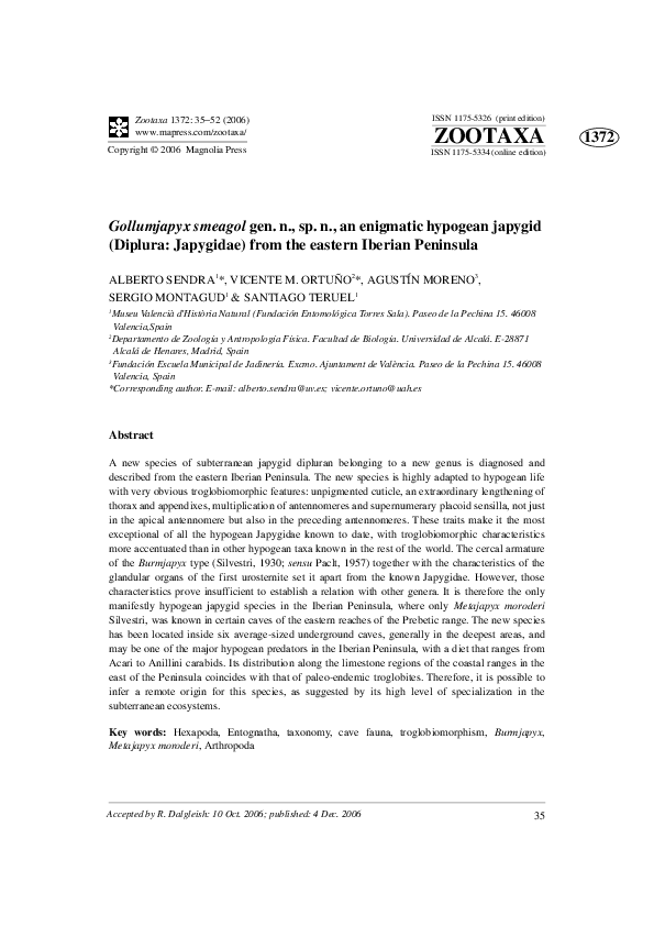 (PDF) Gollumjapyx smeagol gen. n., sp. n., an enigmatic hypogean ...