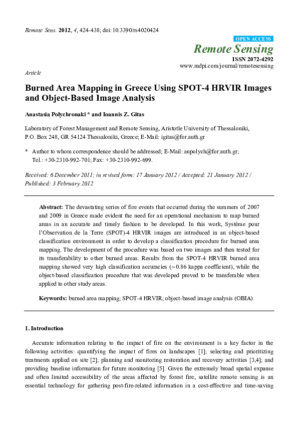 (PDF) Burned Area Mapping in Greece Using SPOT-4 HRVIR Images and Object-Based Image Analysis