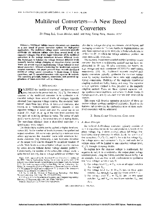 (PDF) Multilevel converters-a new breed of power converters