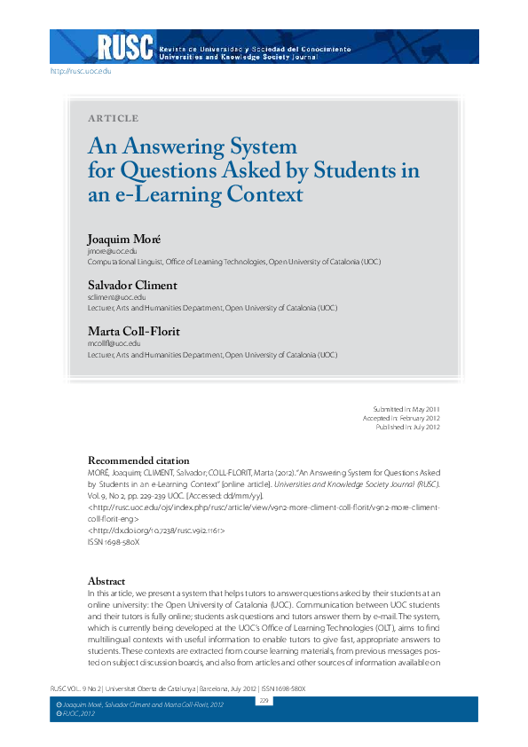 (PDF) An Answering System for Questions Asked by Students in an e ...