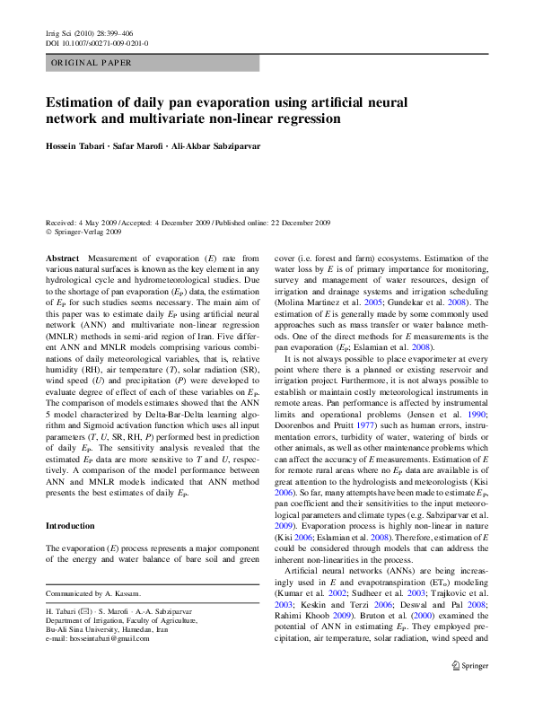 Pdf Estimation Of Daily Pan Evaporation Using Artificial Neural Network And Multivariate Non