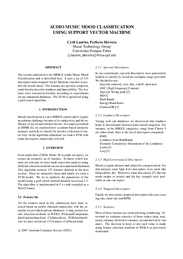 (PDF) Audio music mood classification using support vector machine