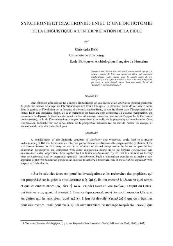 (PDF) "Synchronie et Diachronie: Enjeu d'une dichotomie. De la ...