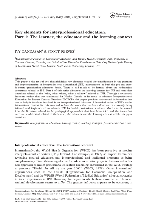 (PDF) Key elements for interprofessional education. Part 1: The learner ...