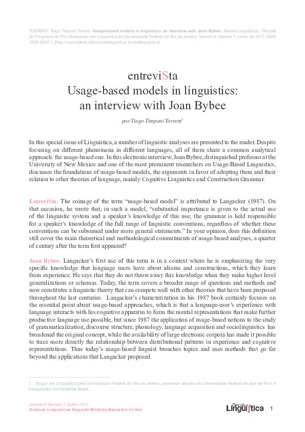 (PDF) Usage-Based Models in Linguistics: an interview with Joan Bybee