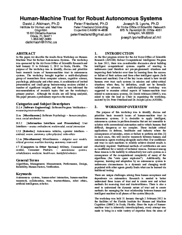 (PDF) Human-Machine Trust for Robust Autonomous Systems
