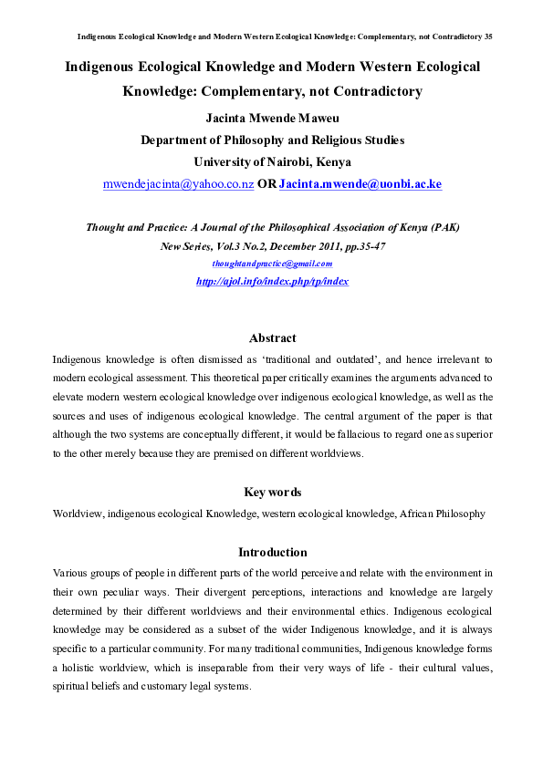 (PDF) Indigenous Ecological Knowledge and Modern Western Ecological ...